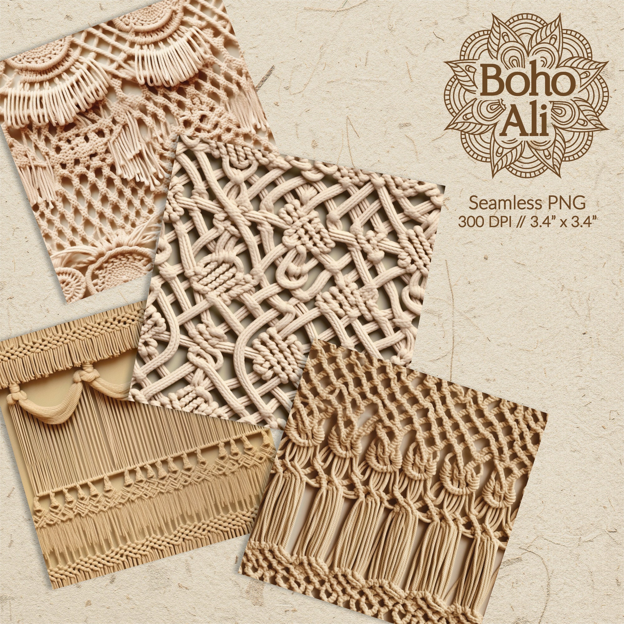 Boho Macrame Texture Seamless Patterns, Digital Papers, Crochet Knit ...