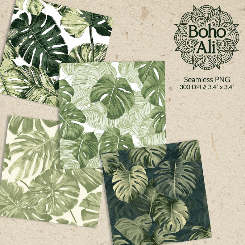 Monstera Leaves Plant Seamless Patterns, Digital Papers, Botanical ...