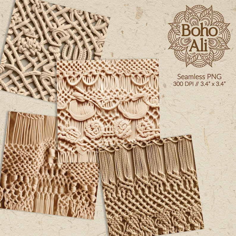 Boho Macrame Texture Seamless Patterns, Digital Papers, Crochet Knit ...