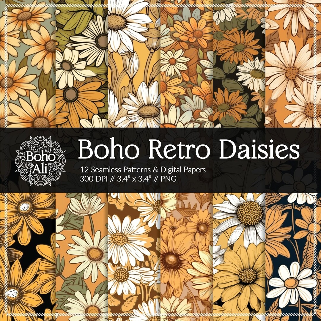 Boho Retro Daisies Seamless Patterns, Digital Papers, Vintage Floral ...