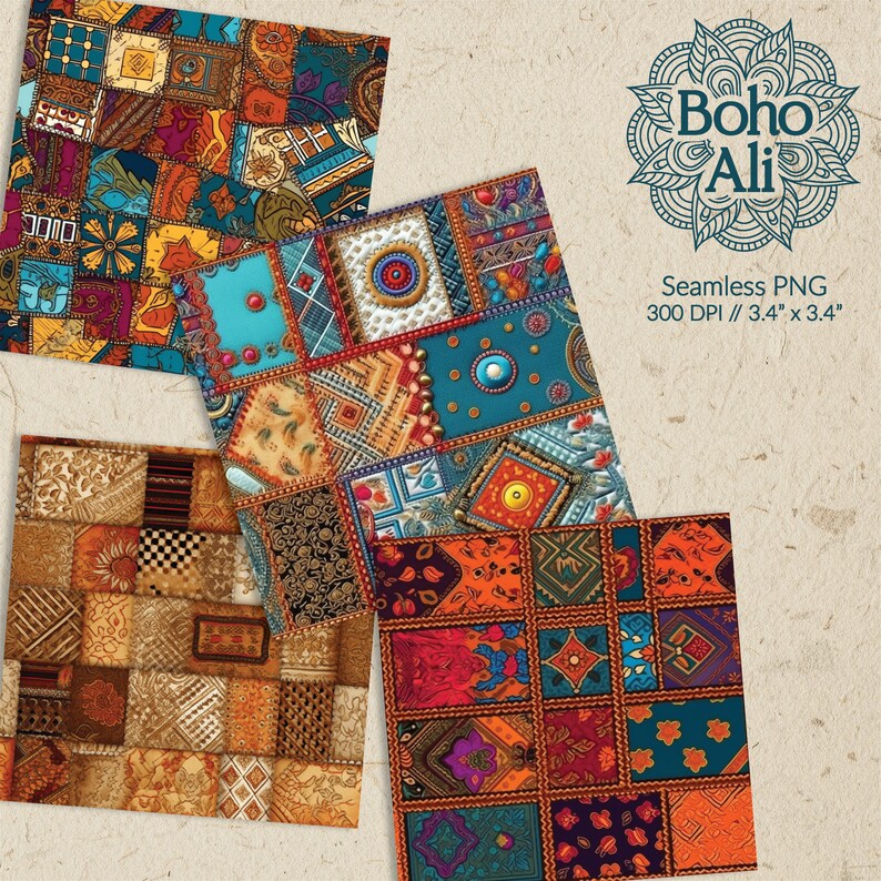 Boho Indian Patchwork Texture Seamless Patterns, Digital Papers, Hindu ...