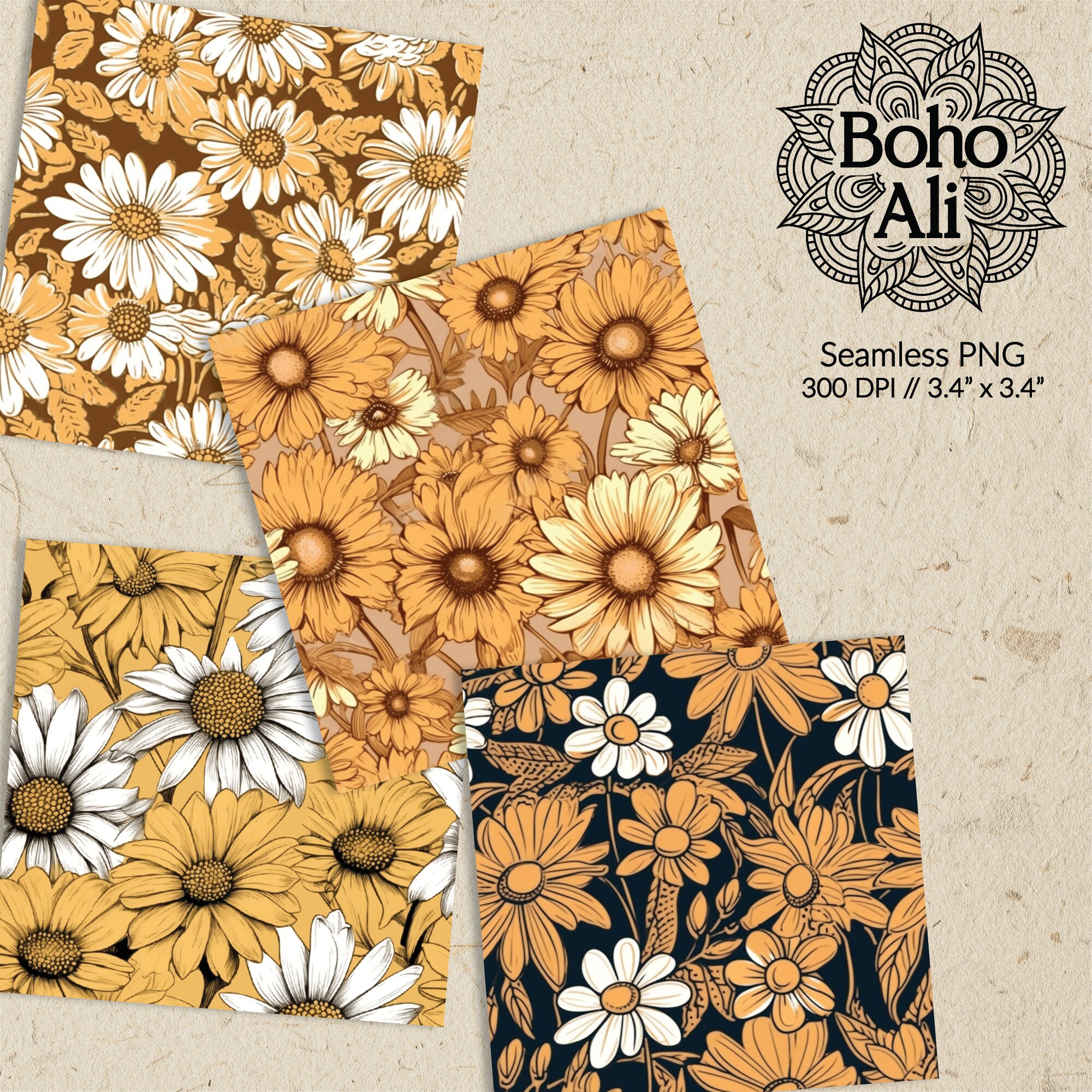 Boho Retro Daisies Seamless Patterns, Digital Papers, Vintage Floral ...