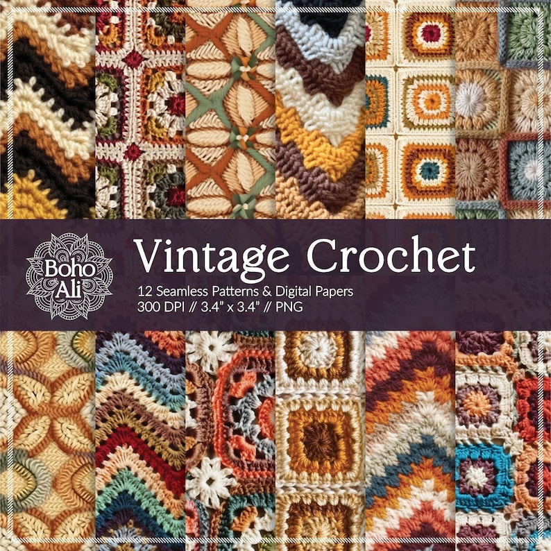 Boho Vintage Crochet Quilt Texture Seamless Patterns, Digital Papers ...