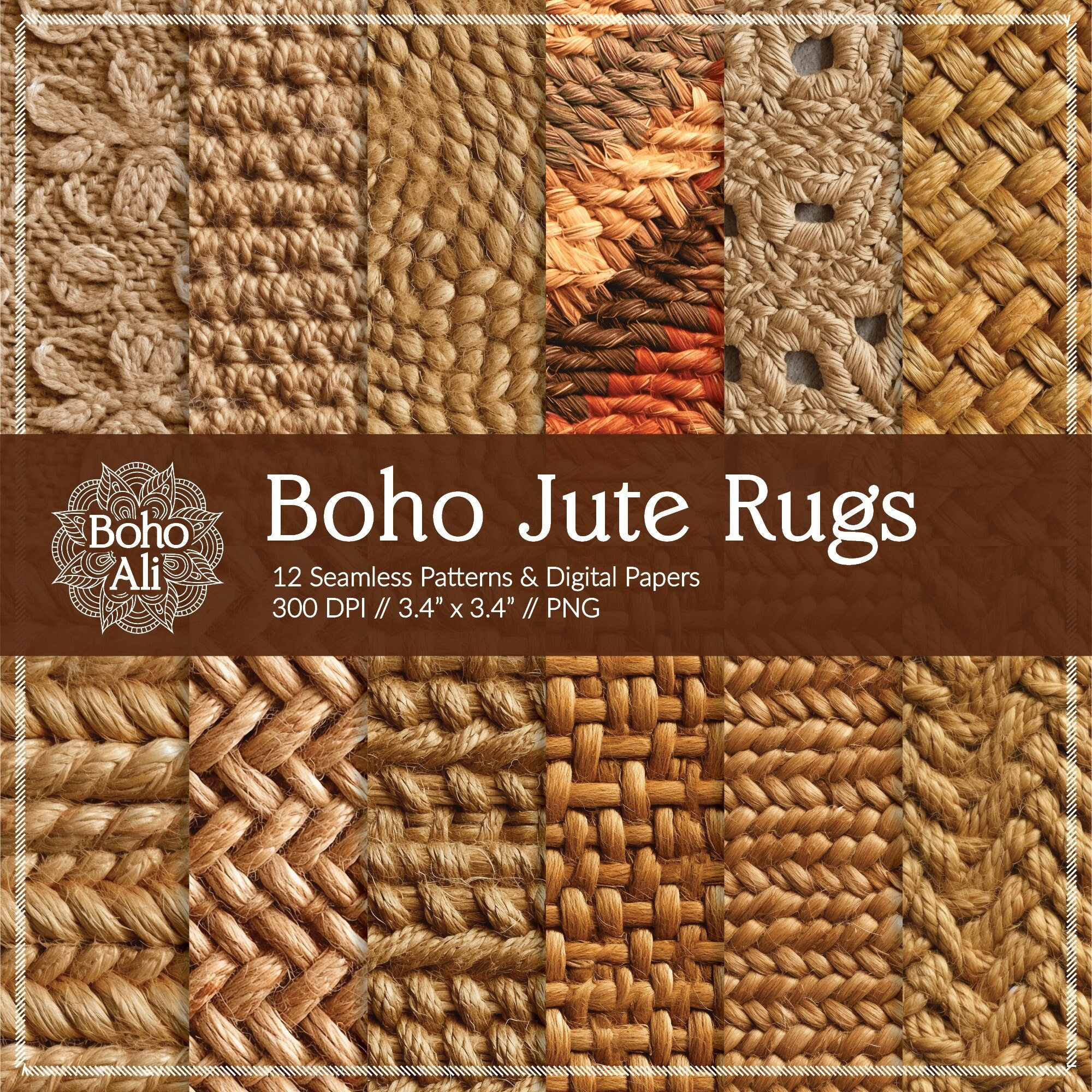 Boho Jute Rugs Texture Seamless Patterns, Digital Papers, Natural Woven ...