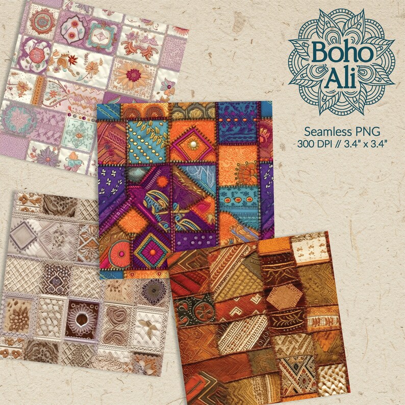 Boho Indian Patchwork Texture Seamless Patterns, Digital Papers, Hindu ...