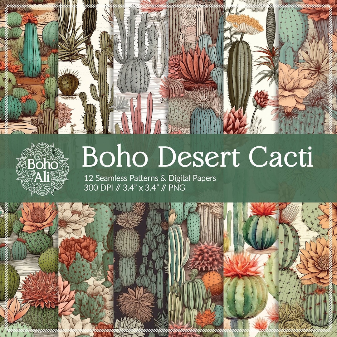Boho Desert Cacti Seamless Patterns, Digital Papers, Botanical Desert ...