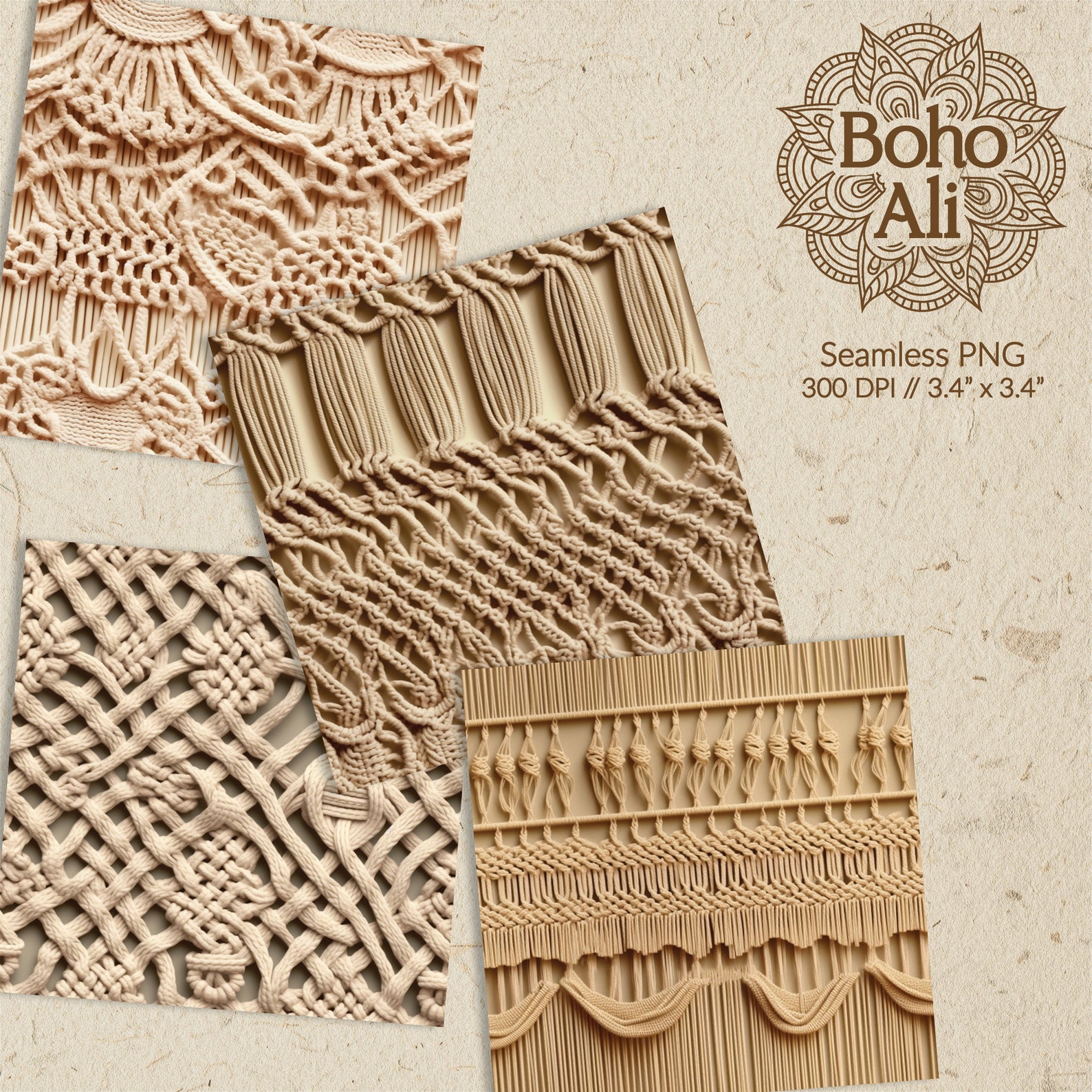 Boho Macrame Texture Seamless Patterns, Digital Papers, Crochet Knit ...