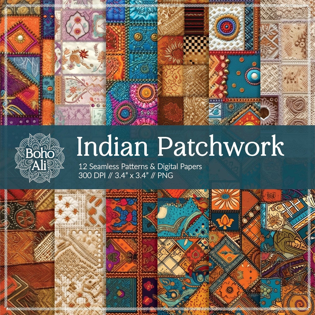 Boho Indian Patchwork Texture Seamless Patterns, Digital Papers, Hindu ...