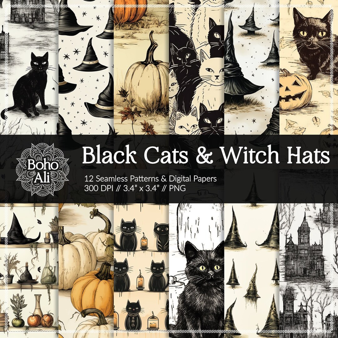 Boho Vintage Halloween Black Cats and Witch Hats Seamless Patterns ...