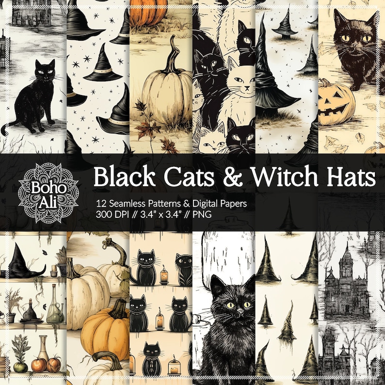 Boho Vintage Halloween Black Cats and Witch Hats Seamless Patterns, Digital Papers, Spooky ...