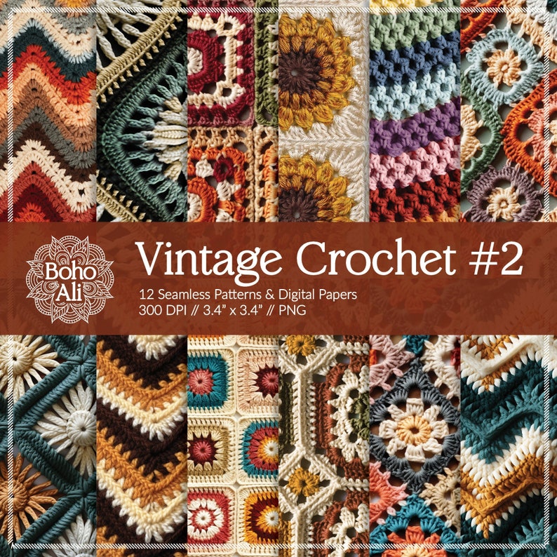 Boho Vintage Crochet Texture Seamless Patterns #2, Digital Papers ...