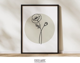 August Birth Flower One Line Art, Digital Download, Poppy Printable Art ...