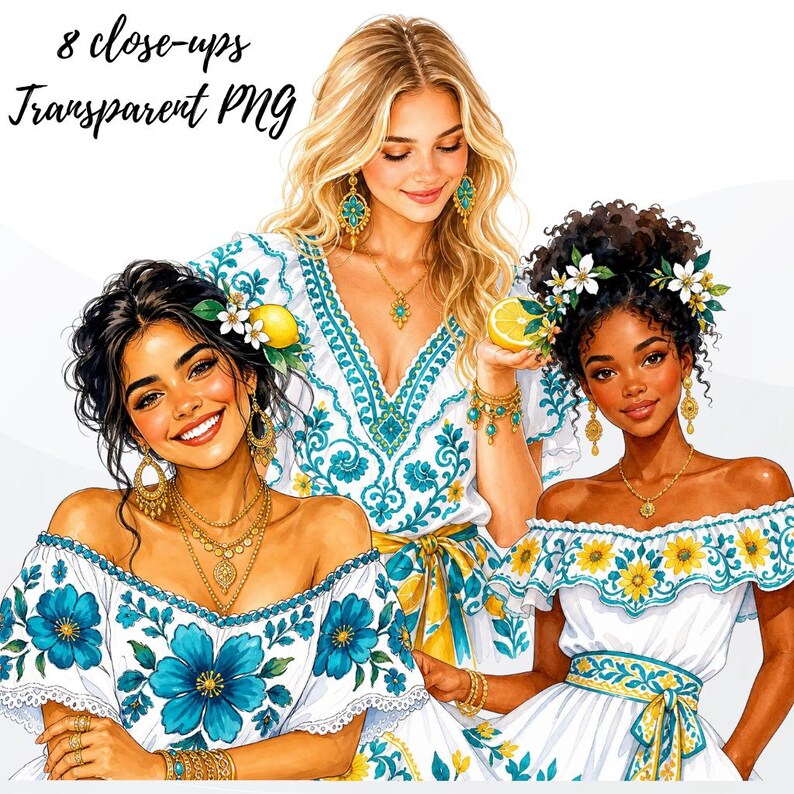 Watercolor Mediterranean Women Clipart, Santorini PNG, Amalfi Coast ...