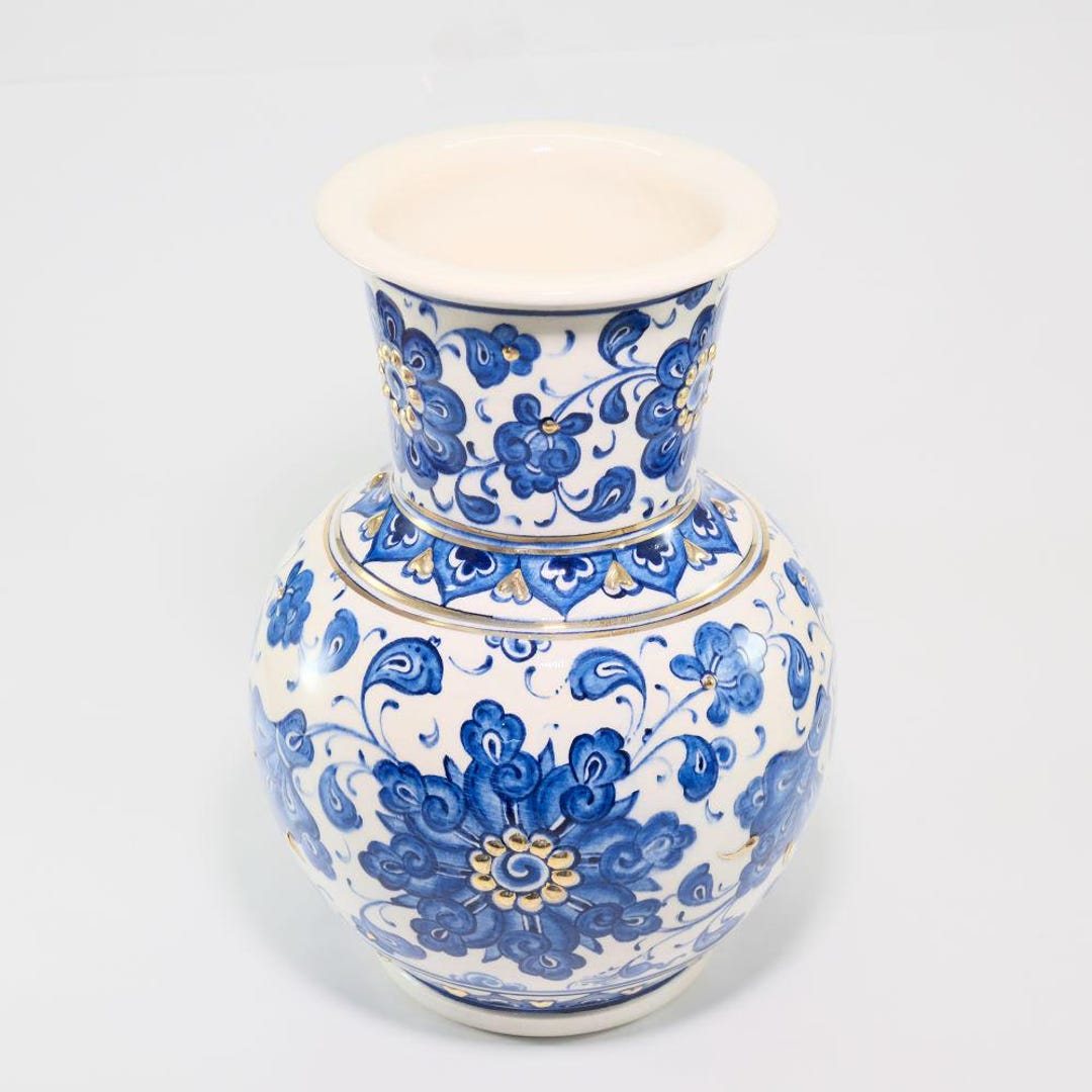 Handmade Turkish Pottery Vase: Blue & Gold Lotus Ceramic Centerpiece - Etsy