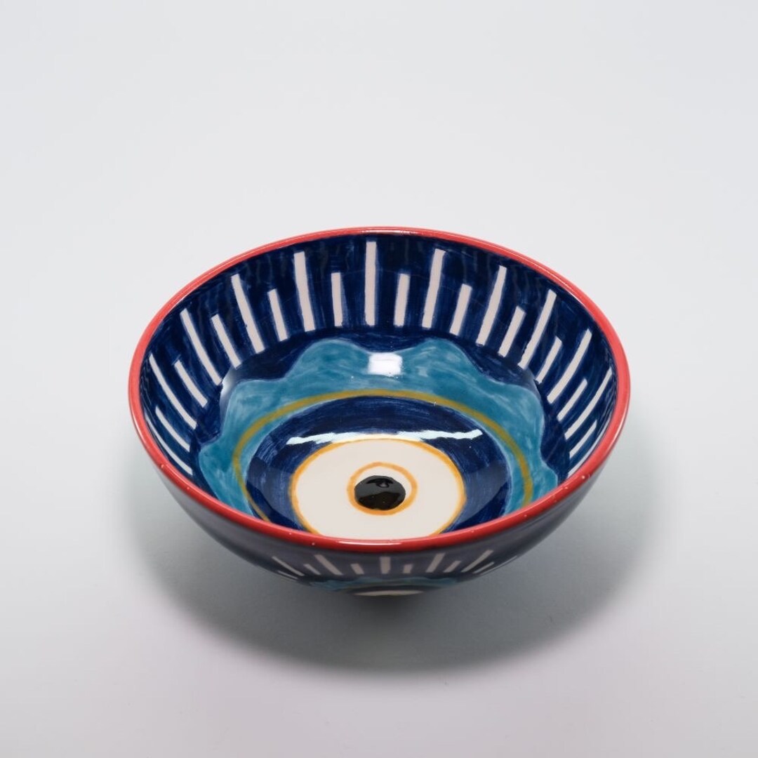 Blue Popcorn Bowl, Evil Eye Pottery Bowl, Rustic Pottery Bowl, Boho ...