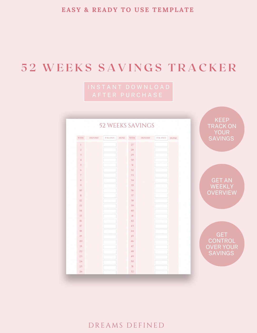 52 Weeks Savings Tracker: Money Tracker, Free Templates, Money Saving ...