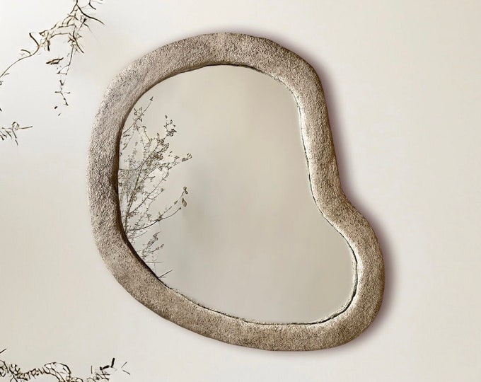 Oblong Concrete Mirror, Modern Bean-shaped Cement Rock Mirror, Circular ...