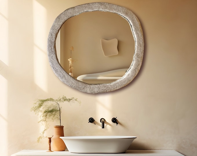 Modern Round Mirror, Irregular Cement Bathroom Mirror, Circular Wall ...