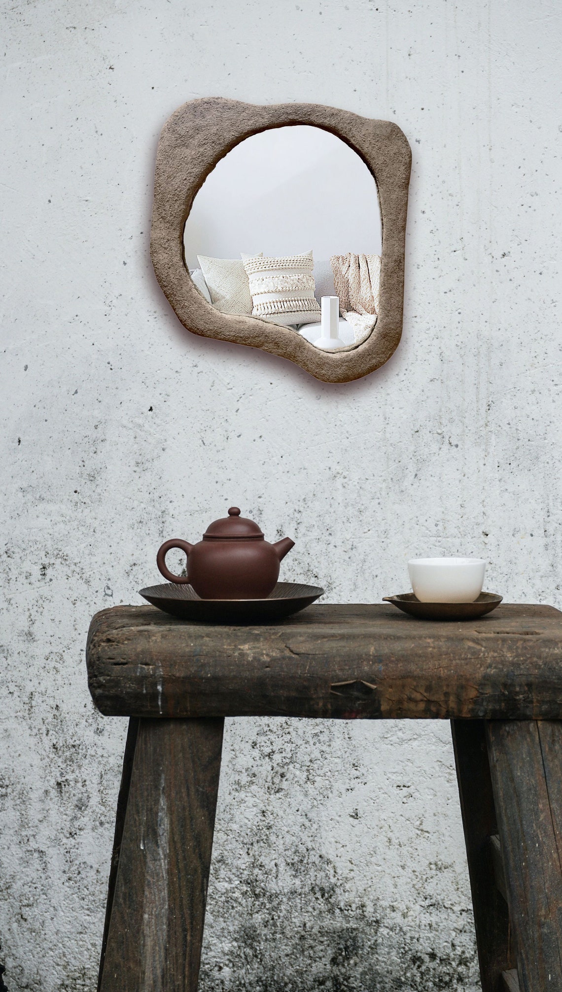 Wavy Concrete Mirror, Artistic Irregular Rock Mirror, Organic Home ...
