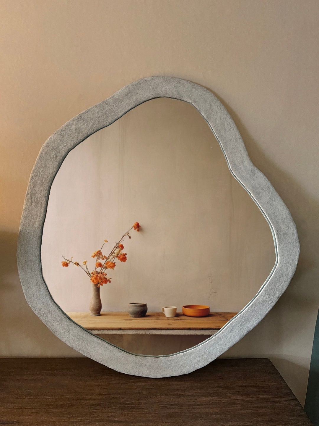 Organic Irregular Concrete Mirror, Round Wavy Wall Mirror, Decorative ...