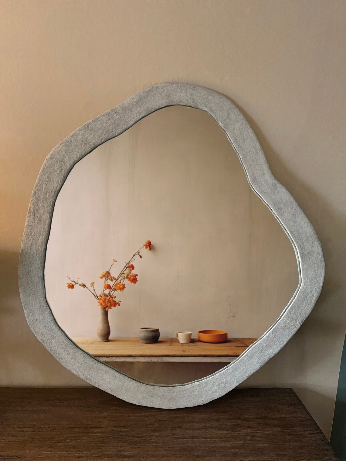 Organic Irregular Concrete Mirror, Round Wavy Wall Mirror, Decorative ...