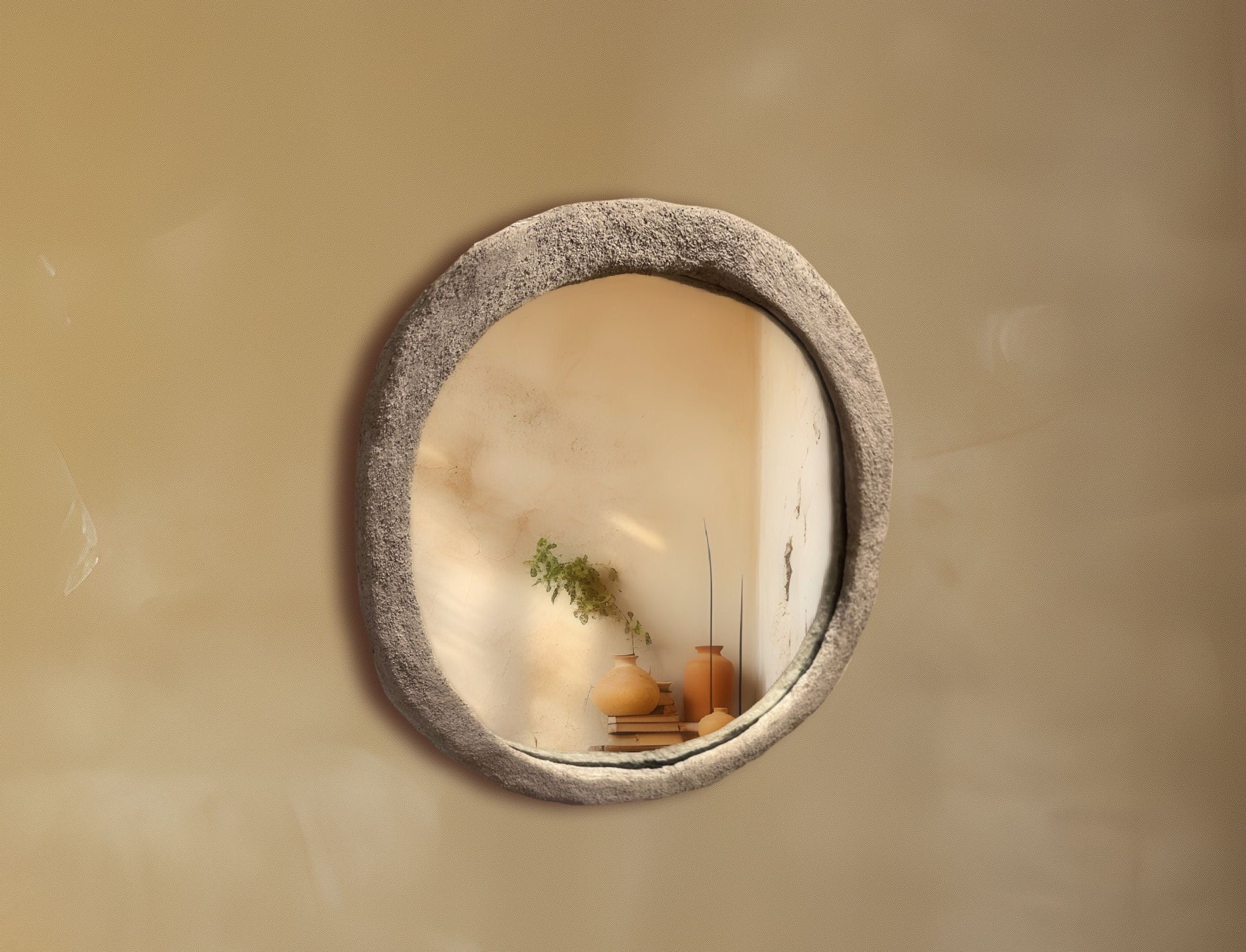 Modern Round Mirror, Irregular Cement Bathroom Mirror, Circular Wall ...