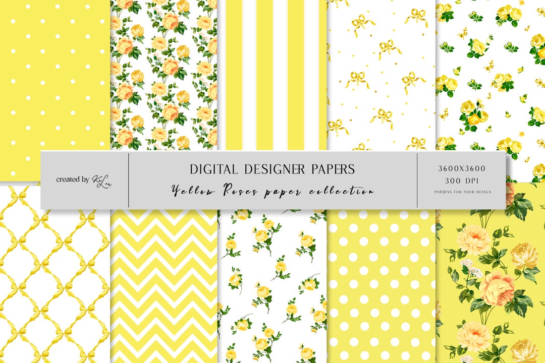 Yellow Floral Digital Paper, Scrapbook , Rose Pattern, Instant Download ...