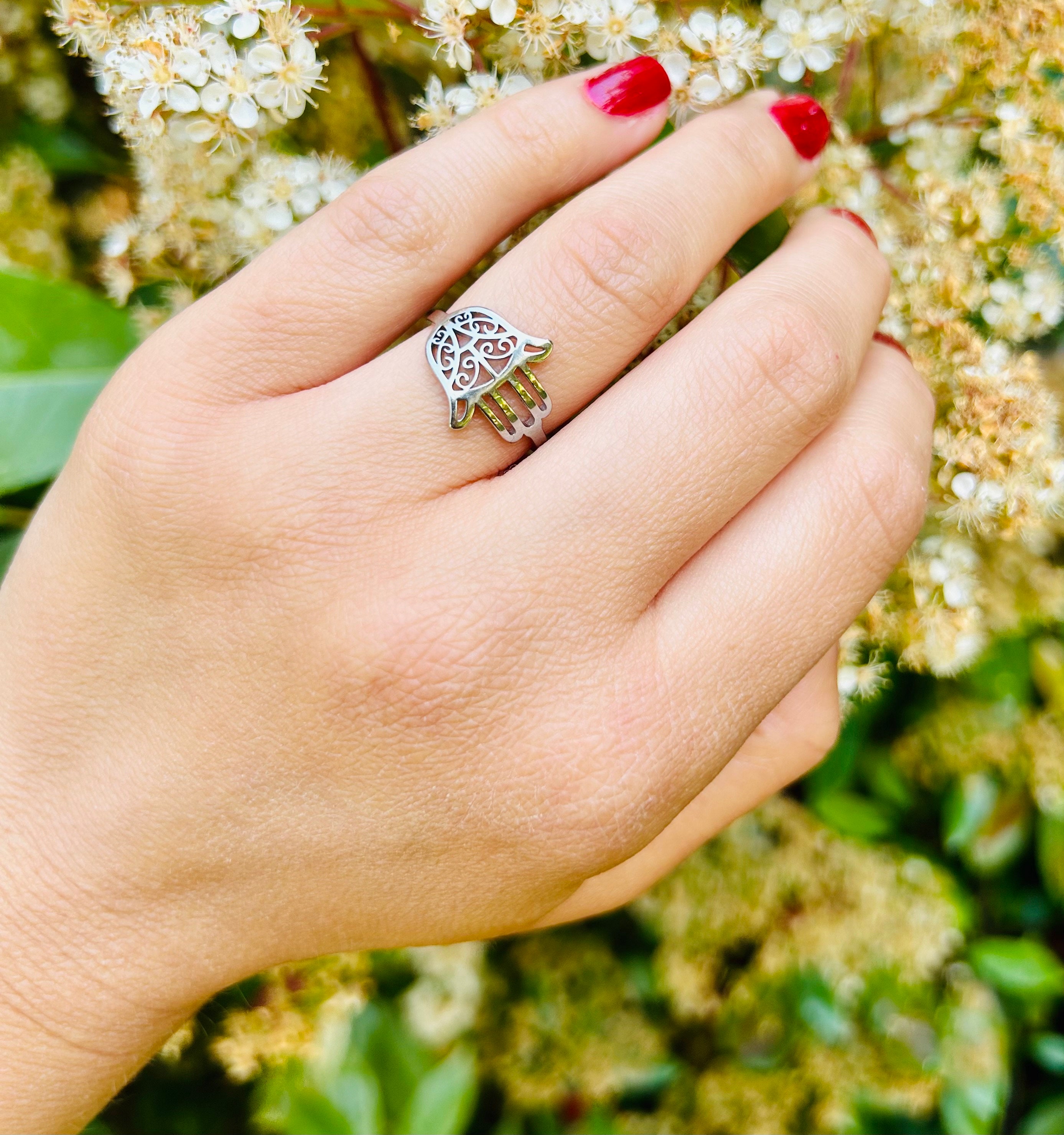 Hamsa Hand Ring 925 Silver, Filigree Hand of Fatima Ring, Sterling ...