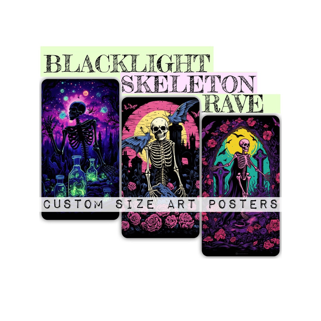 Three Skeleton Art Poster Set | Trippy Neon Vibrant Illustration ...