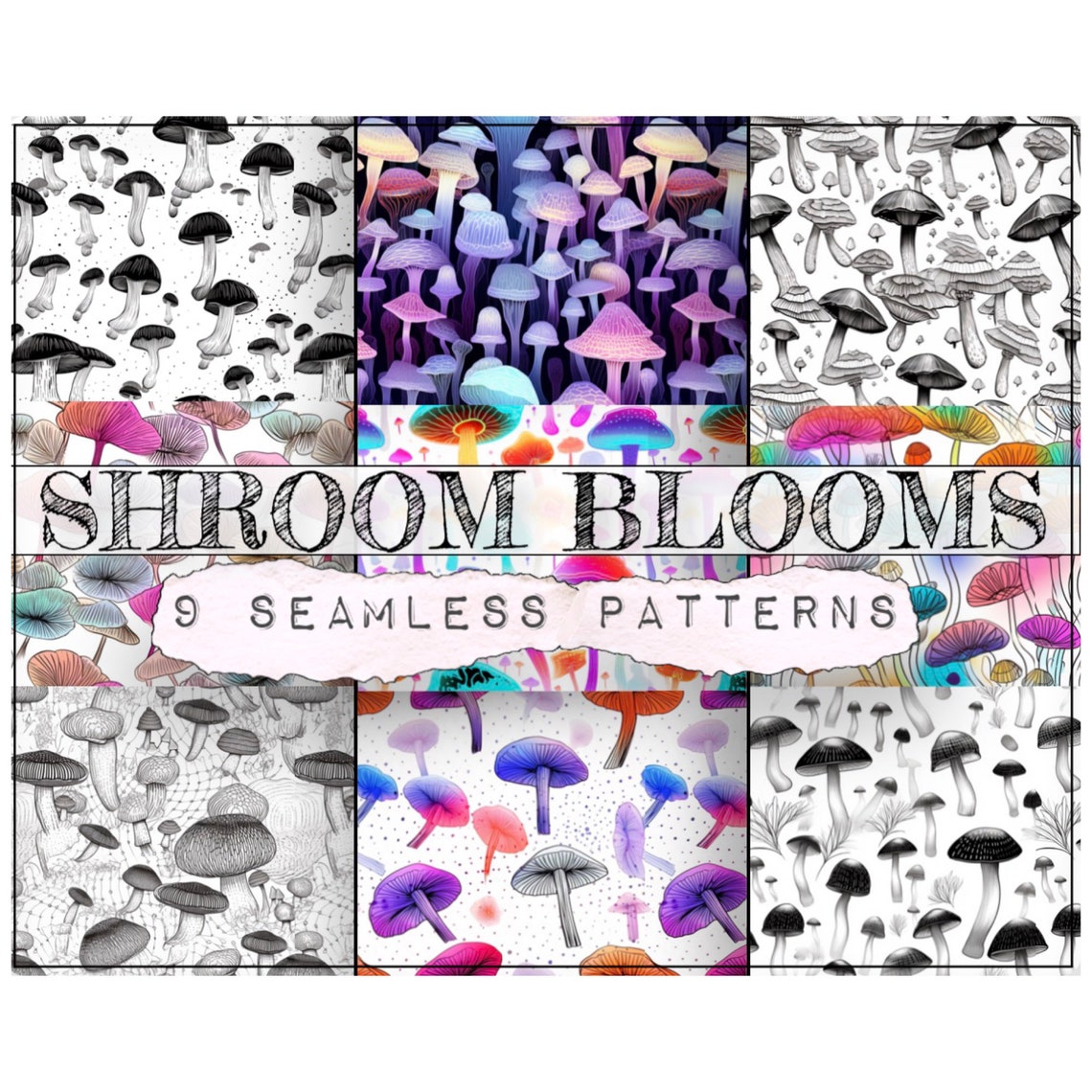 Mushroom Blooms Monochromatic, Vibrant Seamless Pattern | Simple Repeating Design | Digital ...