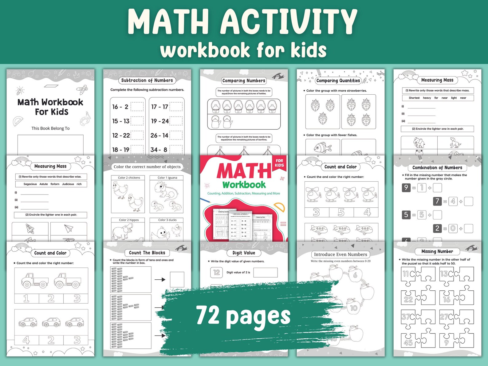 Math Activity Workbook for Kids | 72 Printable Activity | Workbook With ...