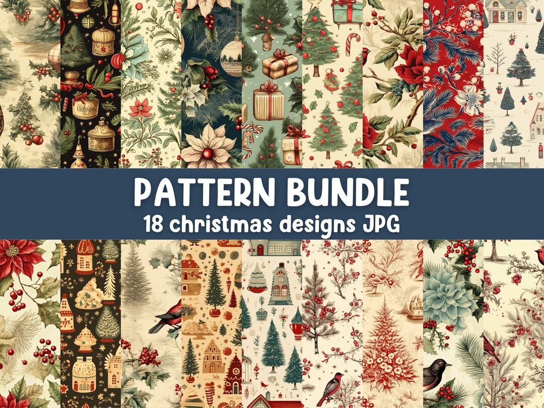 Christmas Pattern Bundle | 18 Vintage Digital Paper Christmas Designs ...