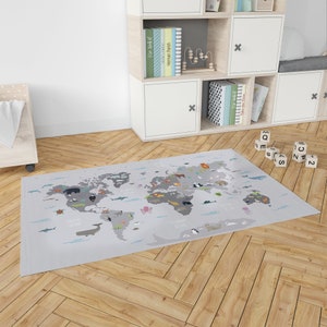 World Map With Animals Rugs, Educational Map Rugs, Kids Map Rug ...