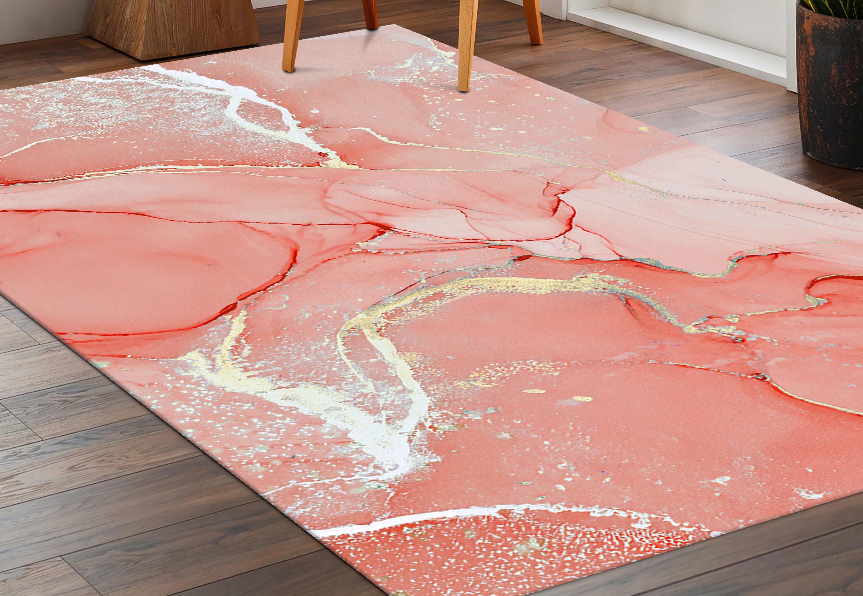 Coral and Gold Marble Rug, Coral Marble Rugs, Gold Marble Rug, Modern ...