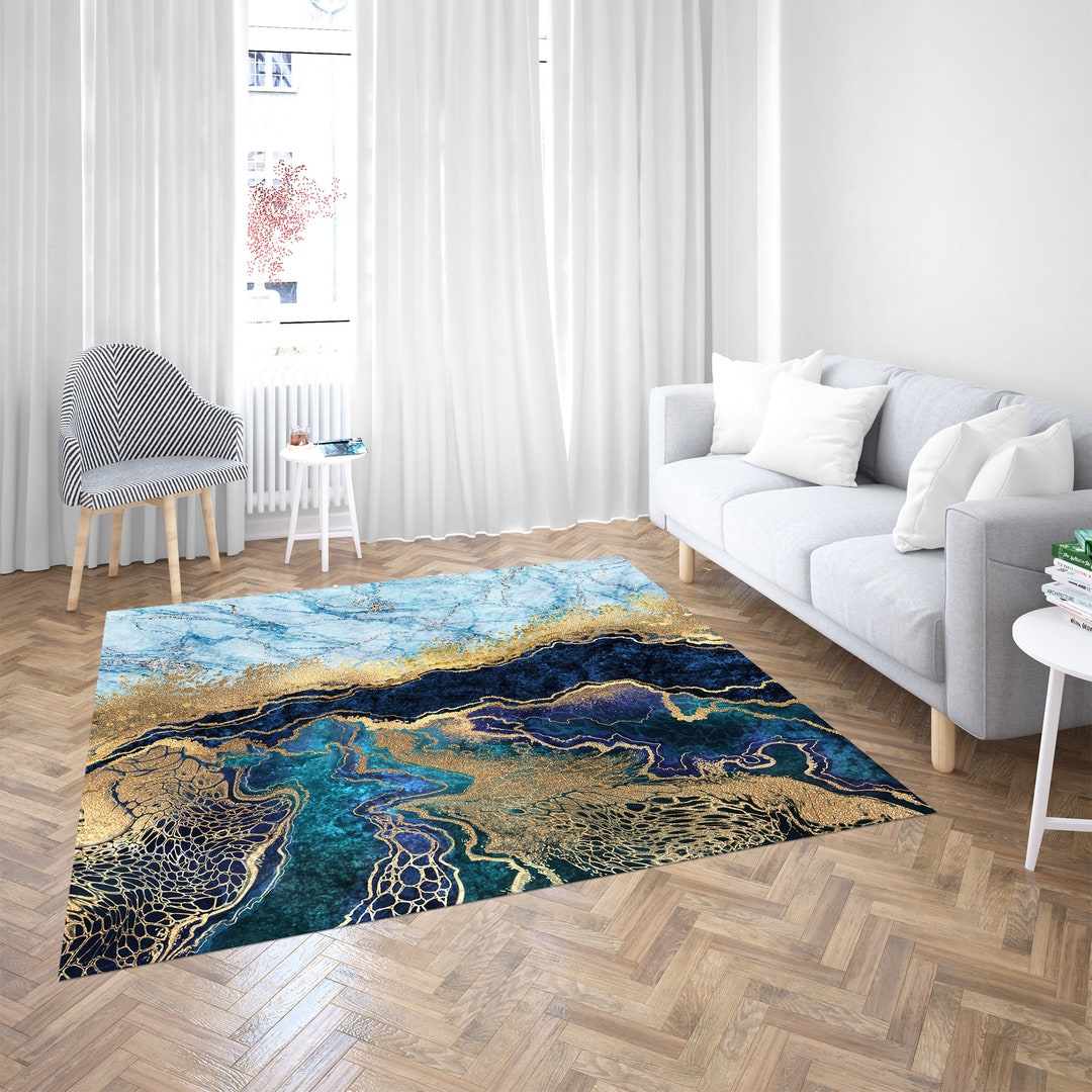 Abstract Rug, Blue Marble Rug, Gold Marble Rug, Marble Rug, Shimmery ...