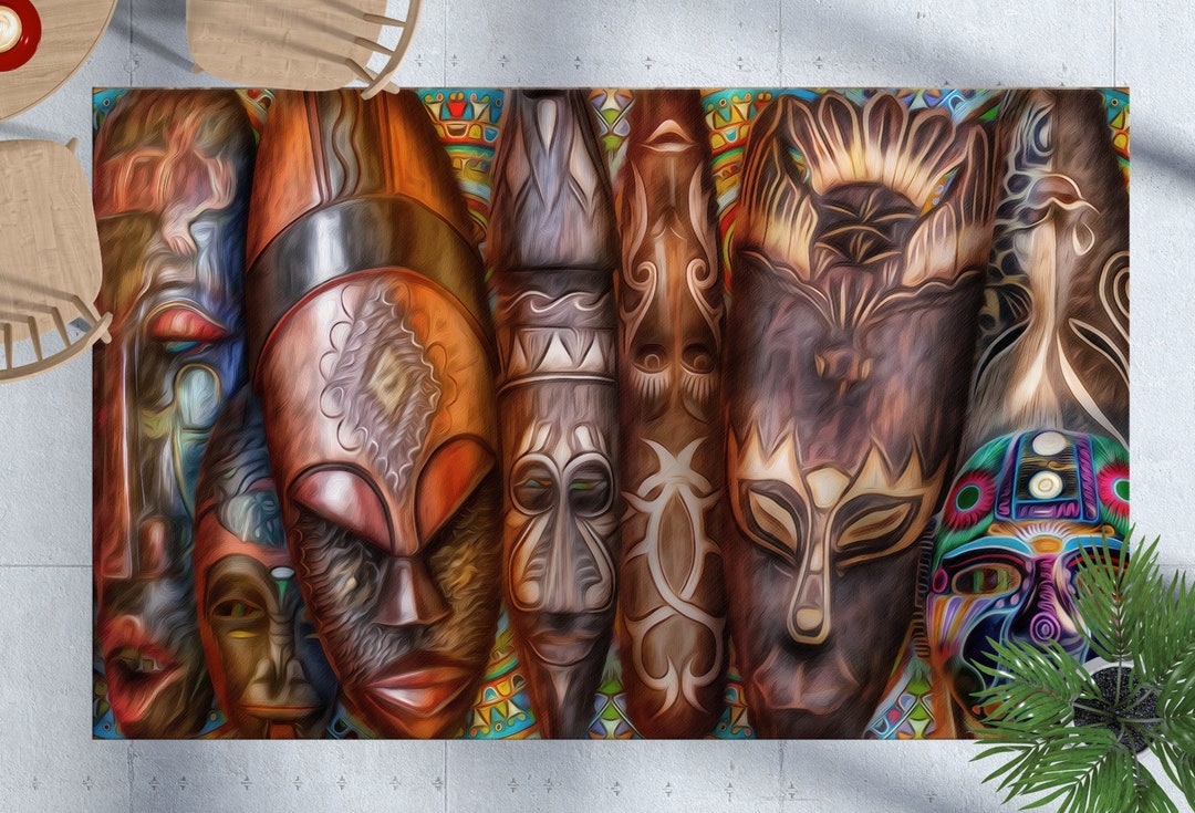 African Traditional Mask Rug, African Mask Rug, Brown Rugs, Abstract ...