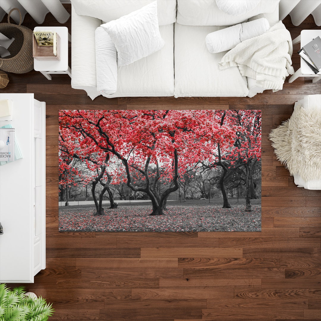 Trees With Red Flowers Rugs, Living Room Rug, Tree Rugs, Nature Scenery ...