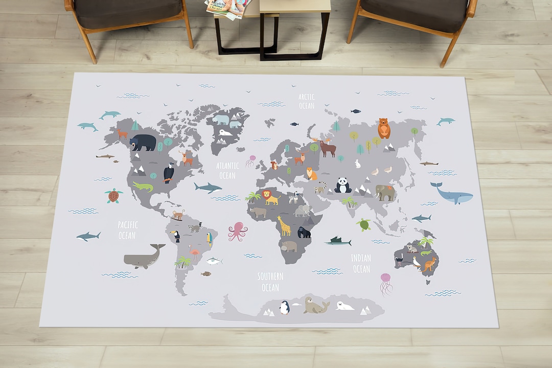 World Map With Animals Rugs, Educational Map Rugs, Kids Map Rug ...
