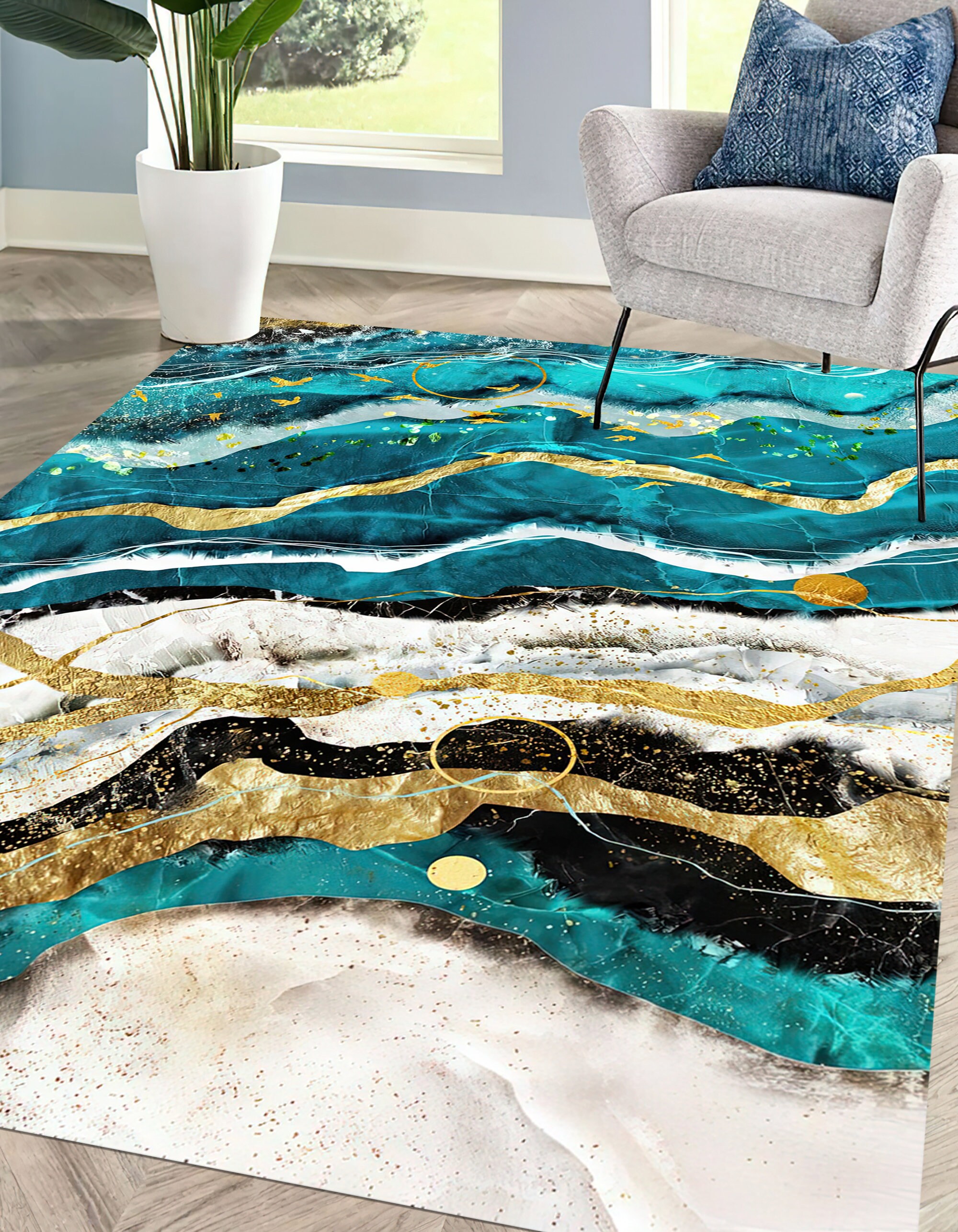 Blue and Gold Marble Rug Modern Marble Rug Contemporary Rug - Etsy