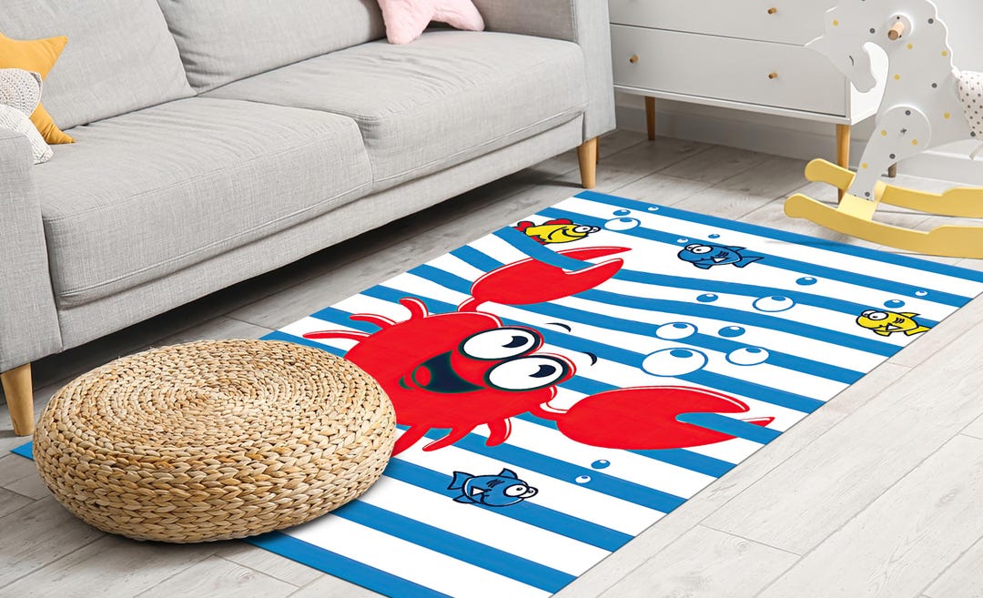 Red Crab and Fish Rugs, Blue Rug, Boho Rug, Children Rugs, Door Mat ...