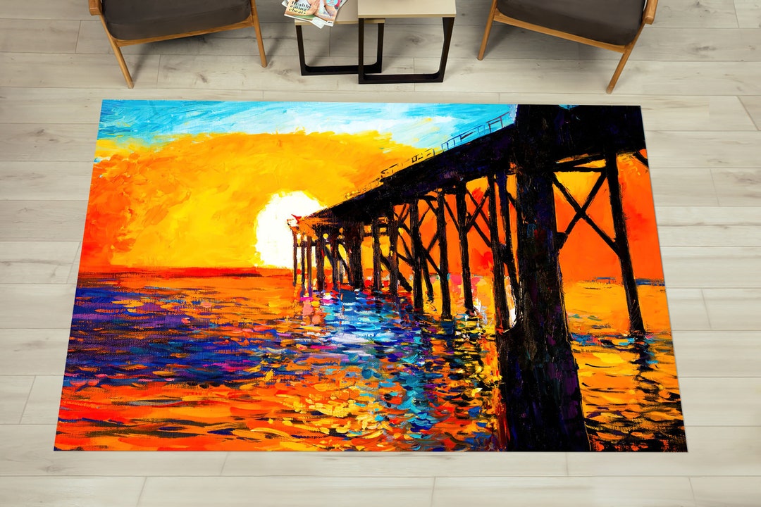 Dock and Sunset Rug, Sunset Landscape Rug, Sea Landscape Rug, View Rug ...