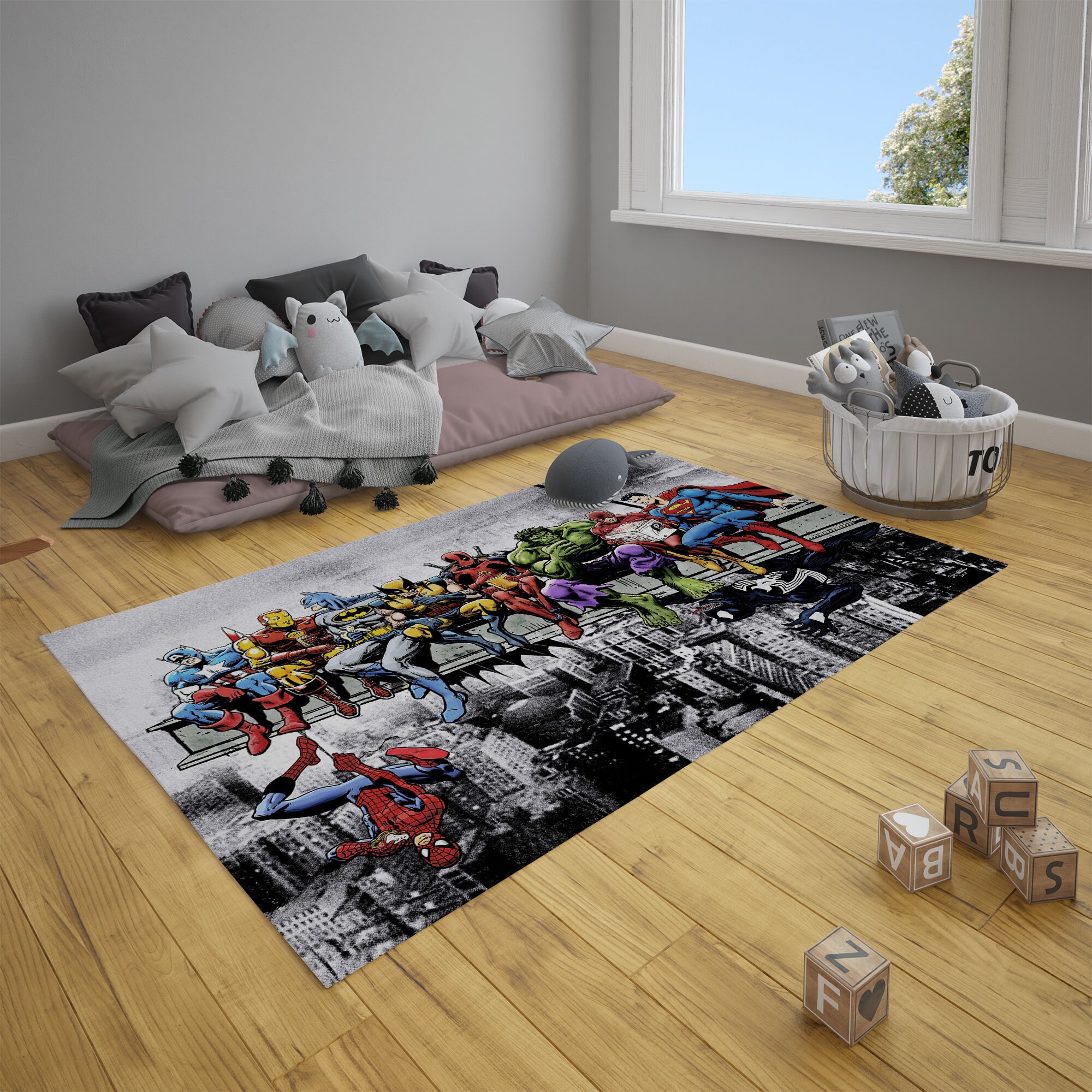 Marvel and DC Superheroes Lunch Atop A Skyscraper Rug Captain - Etsy