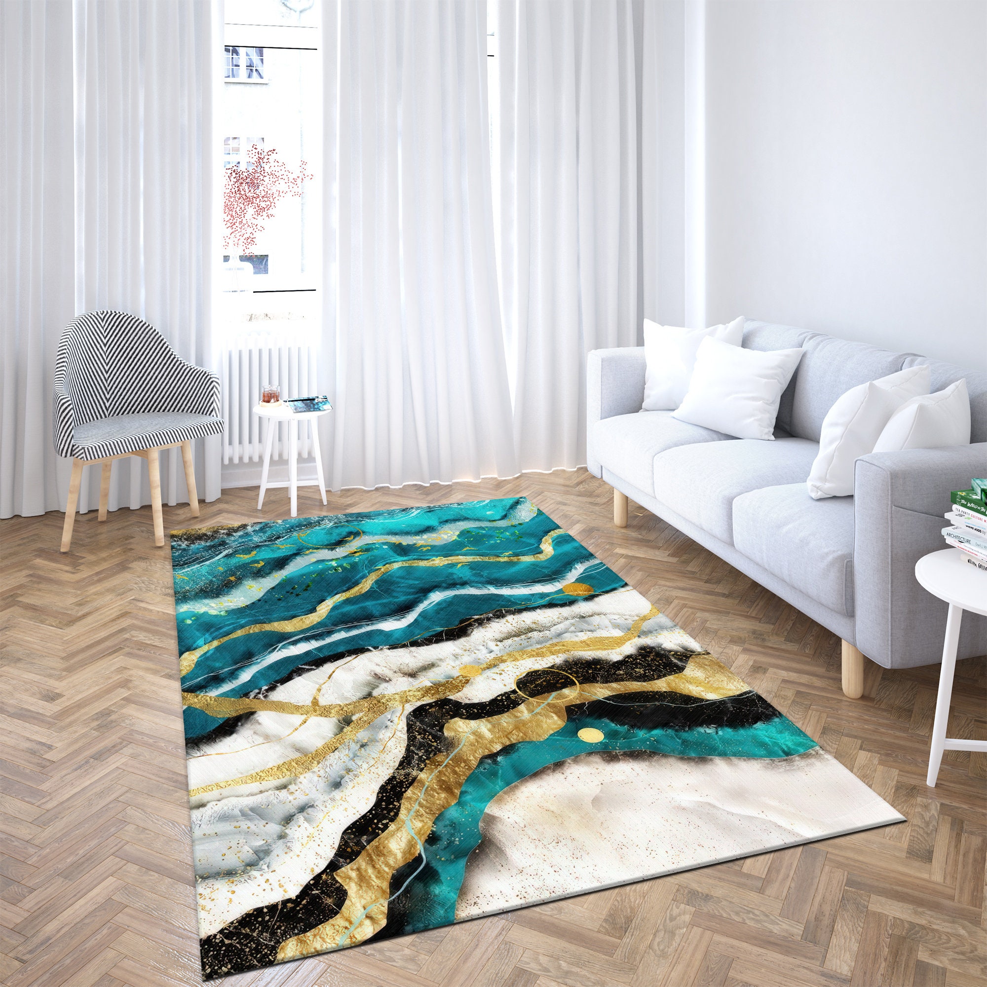 Blue and Gold Marble Rug Modern Marble Rug Contemporary Rug - Etsy