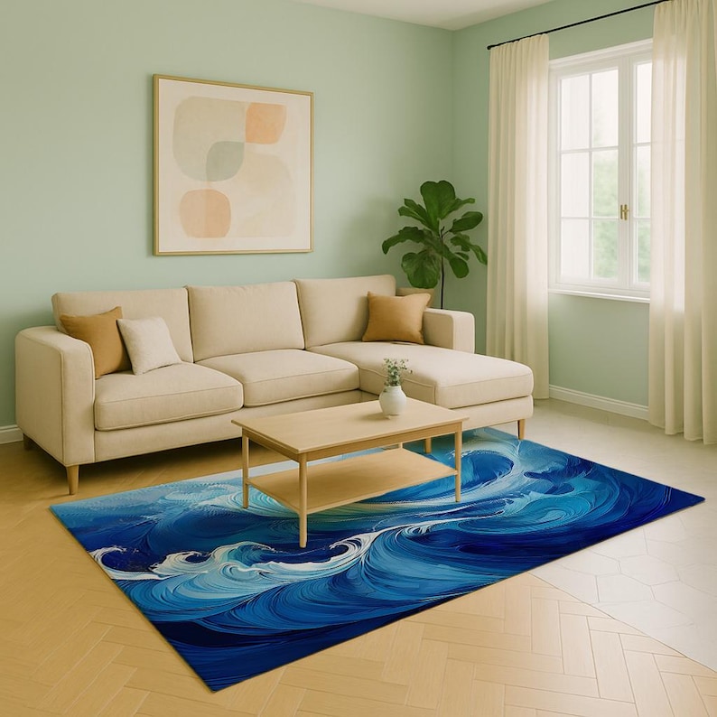 Blue Ocean Wave Area Rug, Abstract Water Movement Carpet for Living ...