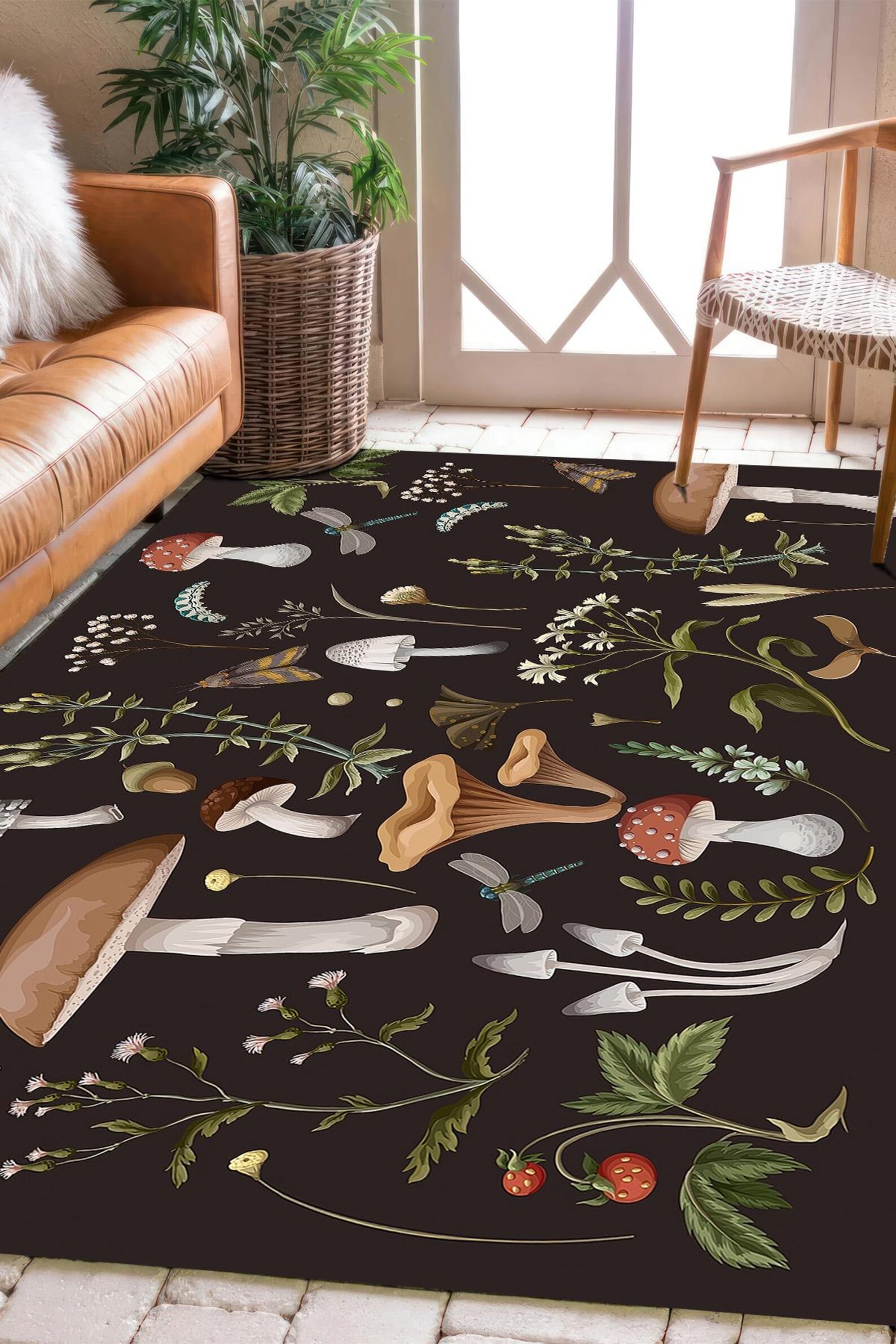 Mushroom Botanical Rug, Dark Forest Floor Mat With Fungi and Plants ...