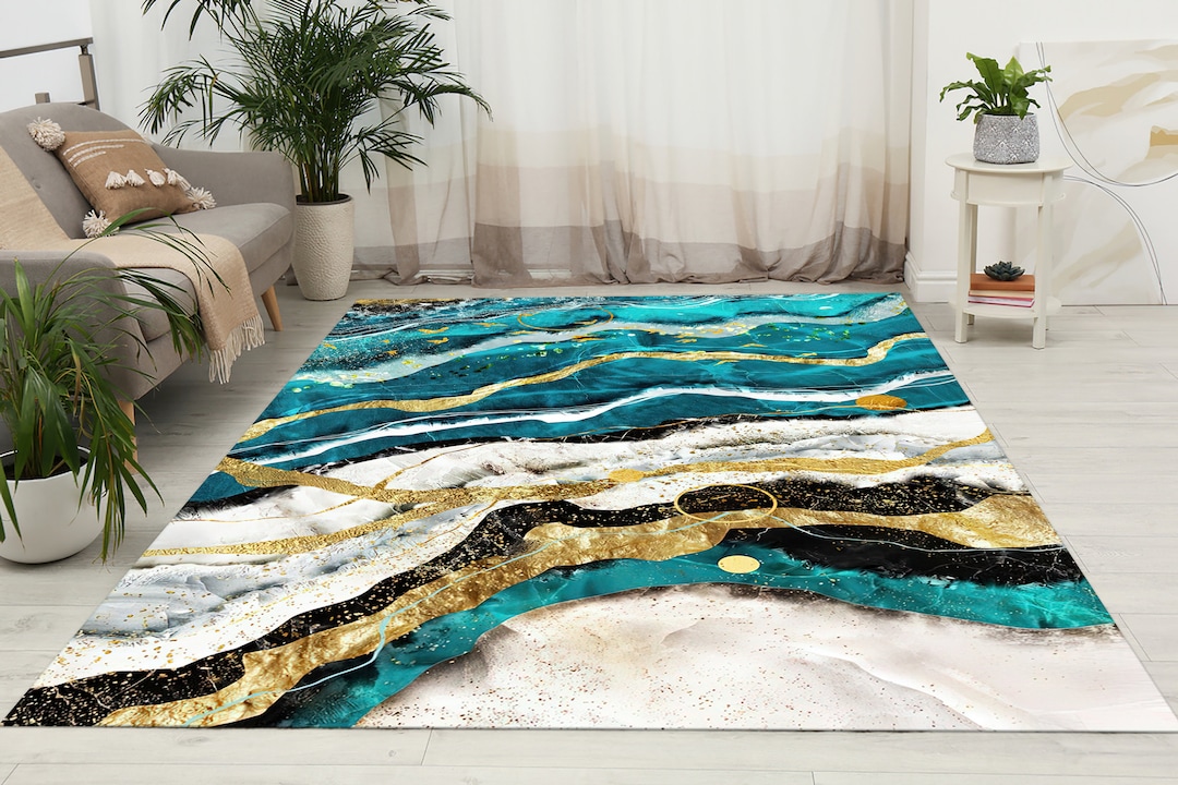 Blue and Gold Marble Rug, Modern Marble Rug, Contemporary Rug, Modern ...