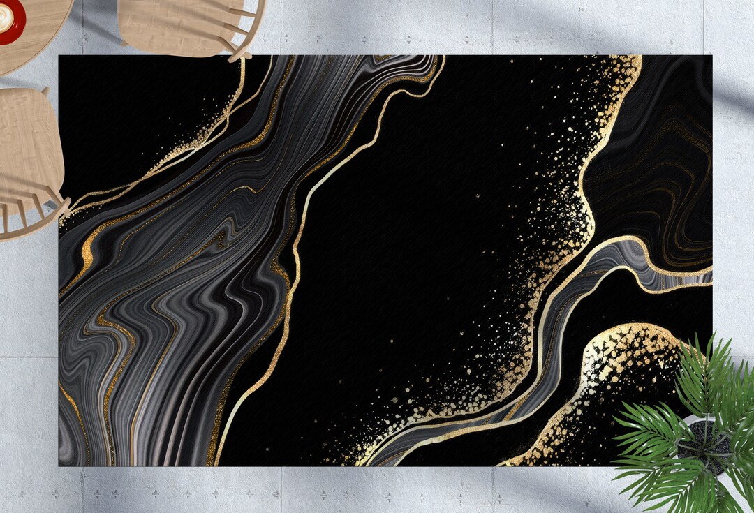 Black and Gold Marble Rug, Gold Marble Rugs, Abstract Marble Rug ...