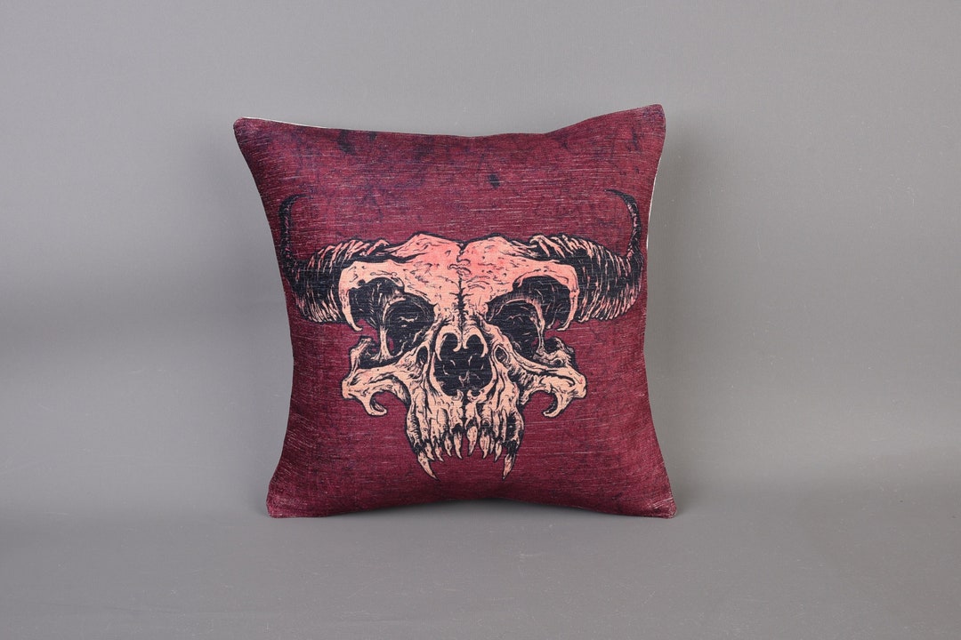 Horned Skull Pillow, Skull Pillow Cover, Devil Pillow, Demon Pillow ...