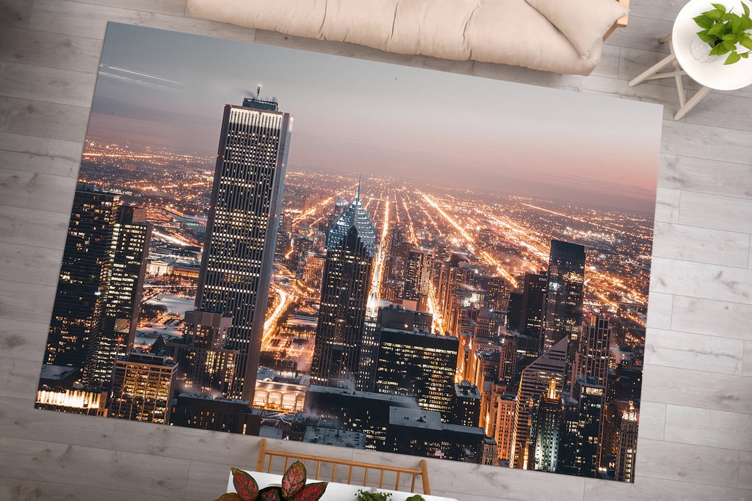 Night View of the Chicago Rugs, Chicago Rugs, Skyline Landscape Rug ...