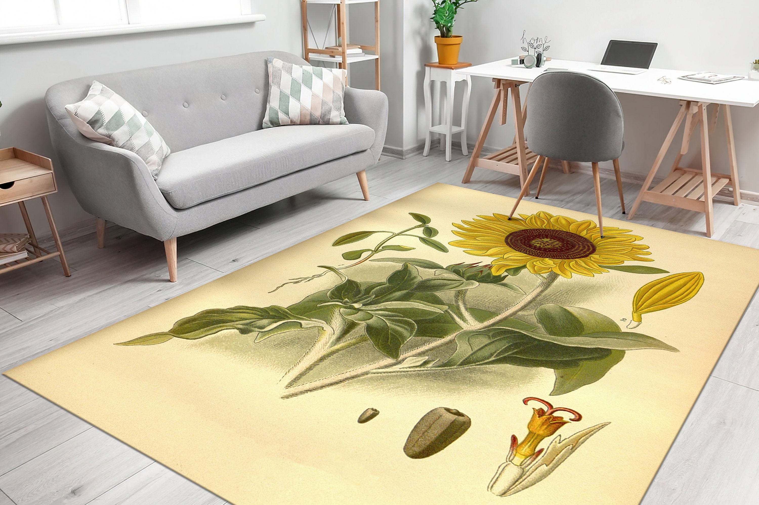 Vintage Sunflower Rugs, Vintage Botanical Rug, Sunflower Rugs, Floral ...
